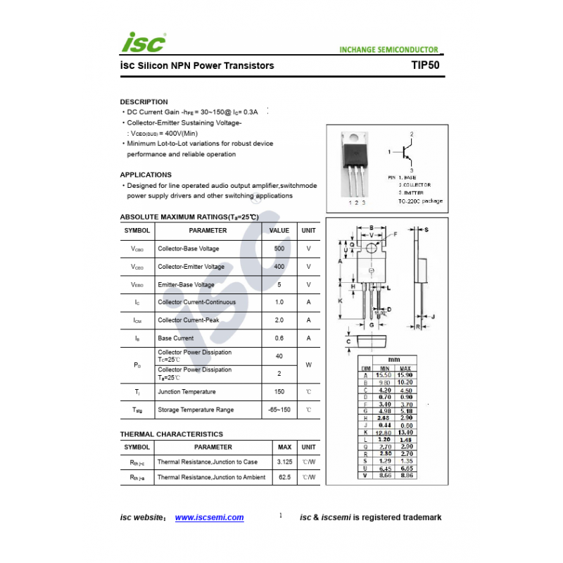 transistor TIP50 NPN TO-220 40V 1A